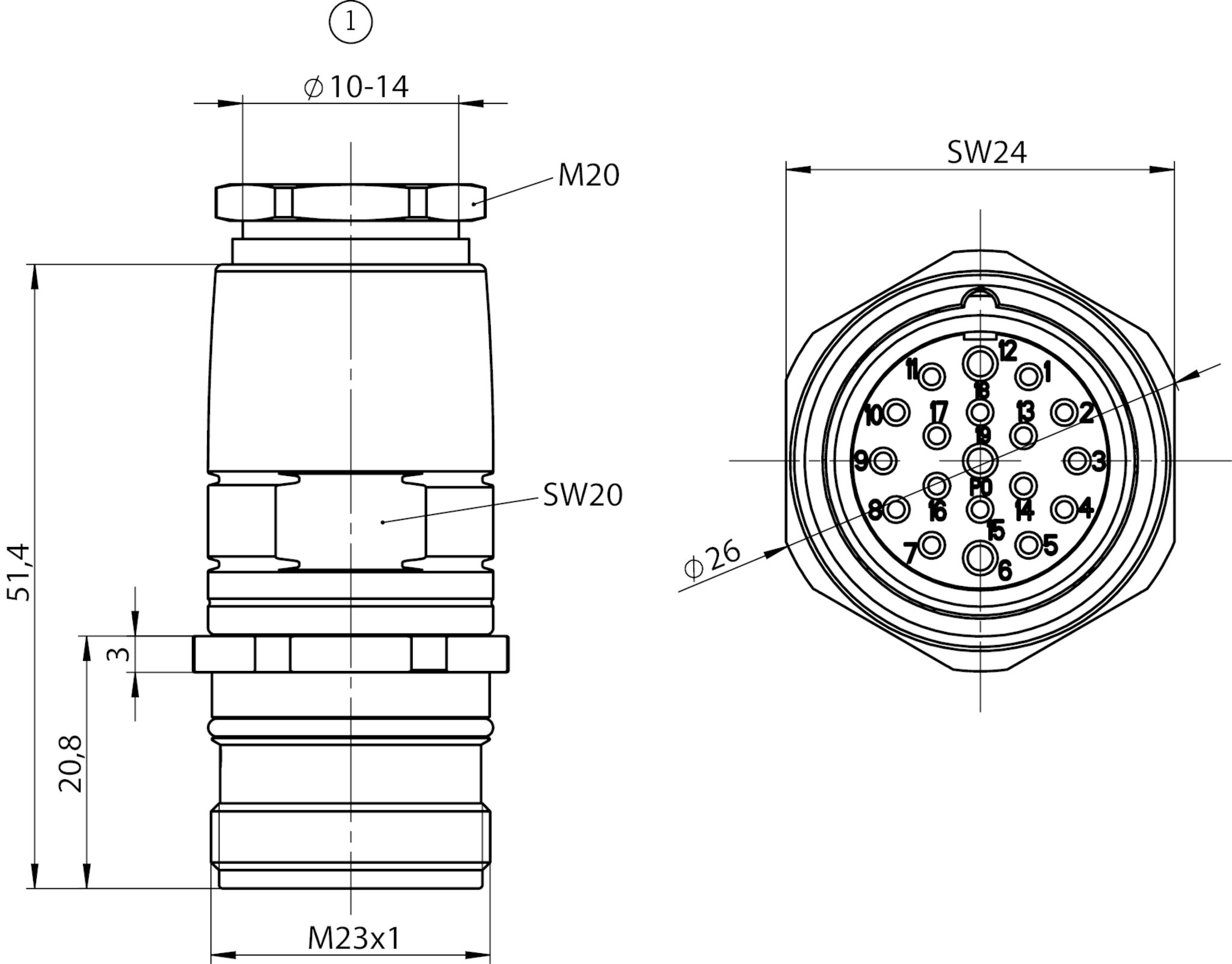 RC18EM-C1825 Coupling socket RC18, straight, with option C1825 ...