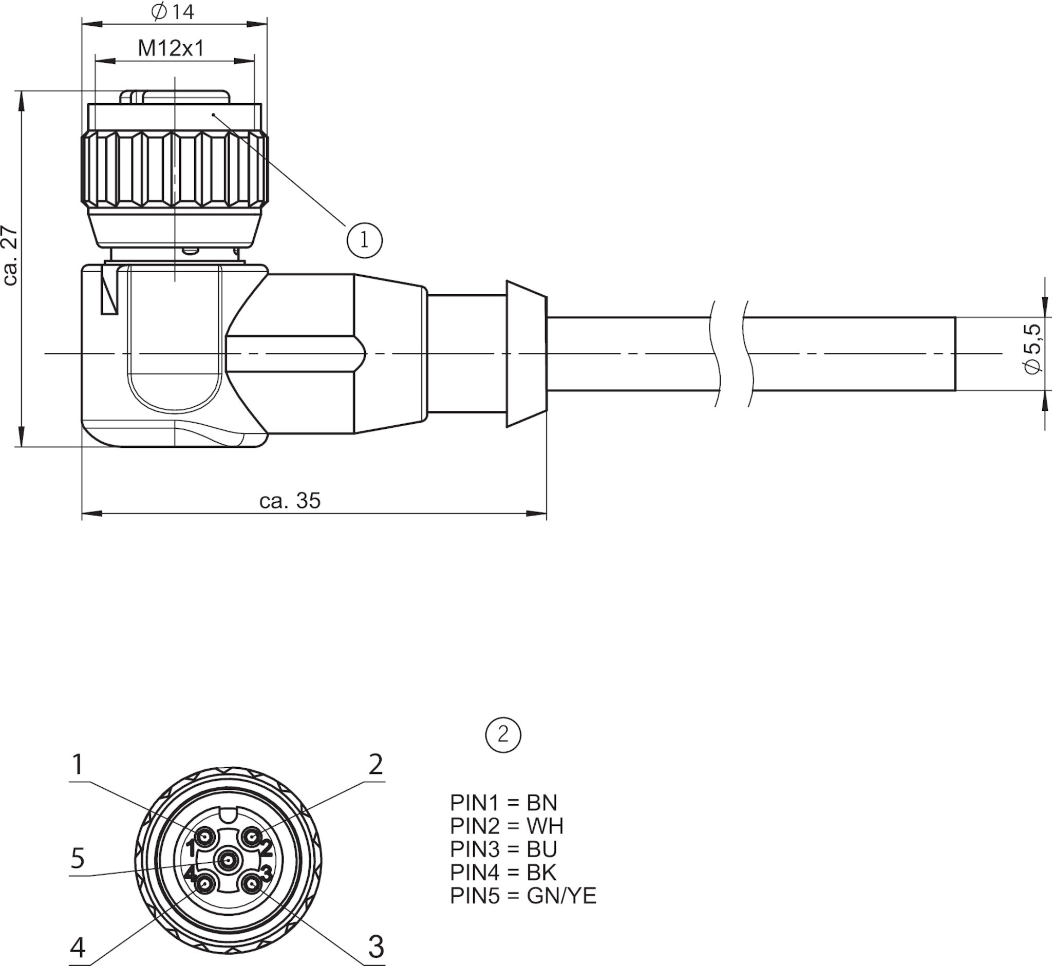 C-M12F05-05X034PU05,0-GA-136962 配有5针M12圆形接插头（弯头）的接配线电缆，5m | EUCHNER